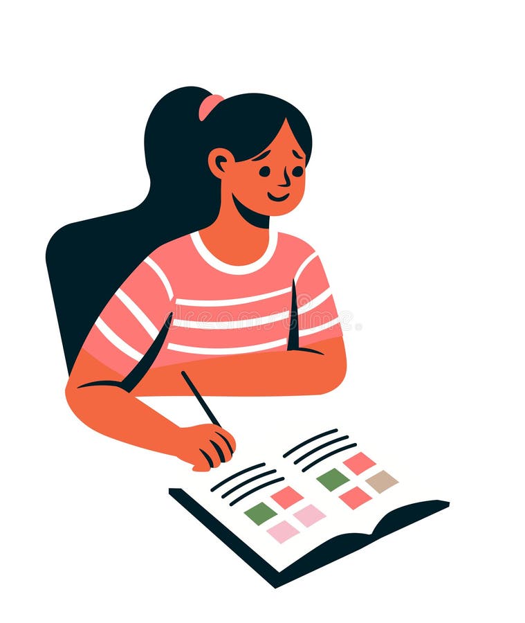 Girl Studying with Open Book Stock Illustration - Illustration of flat ...