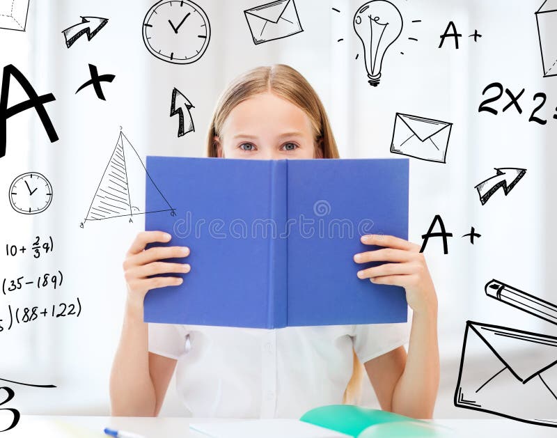 Girl Studying and Reading Book at School Stock Photo - Image of ...