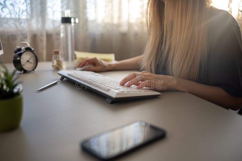 Girl Studying or Working at a Computer, Selective Focus Stock Image ...