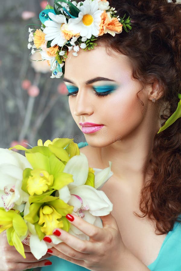 Girl with Stylish Makeup and Flowers Stock Image - Image of bride ...