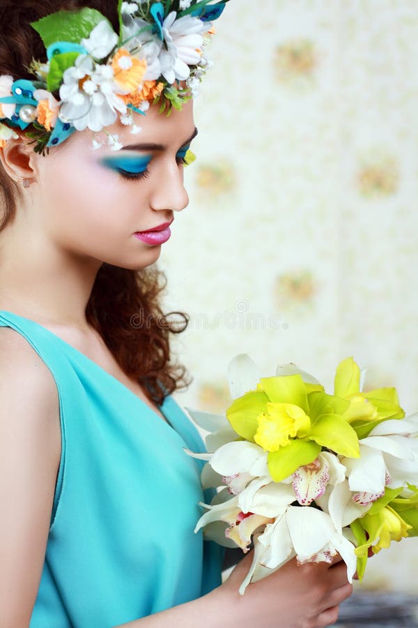 Girl with Stylish Makeup and Flowers Stock Photo - Image of expression ...