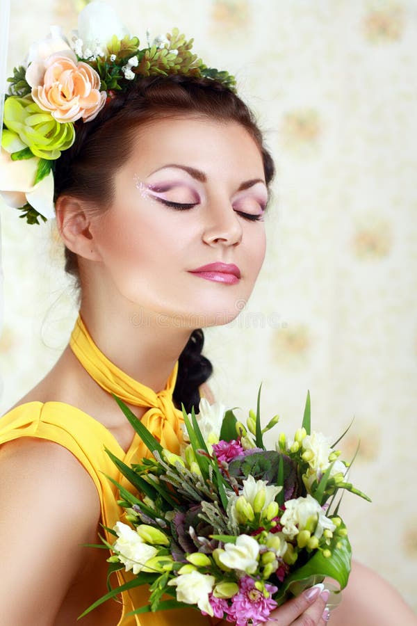 Girl with Stylish Makeup and Flowers Stock Photo - Image of face ...