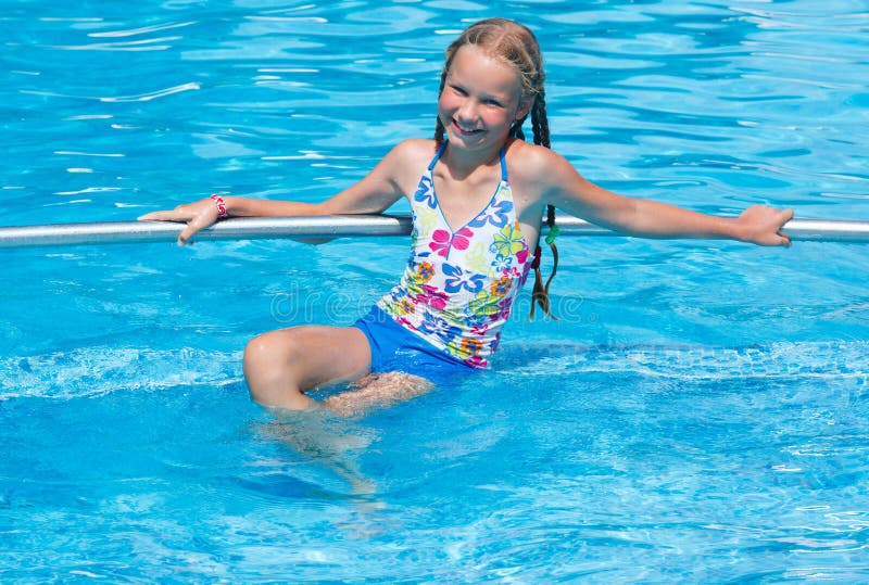 Girl In Summer Outdoor Pool. Stock Photo - Image of blue, color: 38342392