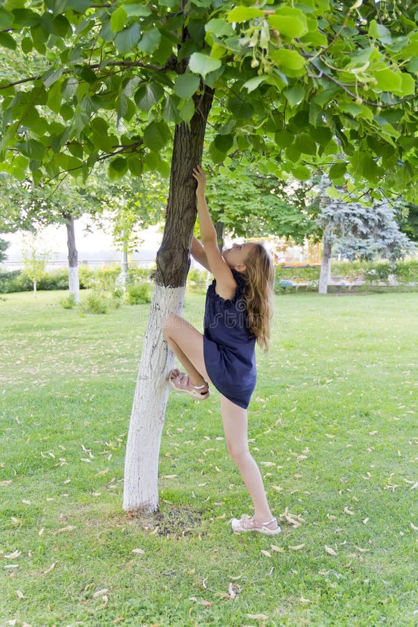 Girl in Summer Try To Jump on Tree Stock Photo - Image of white ...