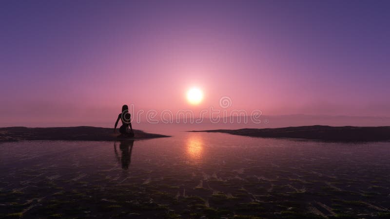 Girl Watching Sunset Or Moon Stock Vector - Illustration of night ...