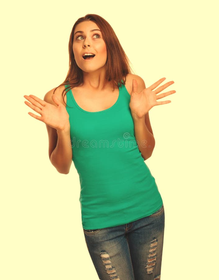 Girl Surprised Brunette Excited Woman Throws Up His Hands Opened Stock