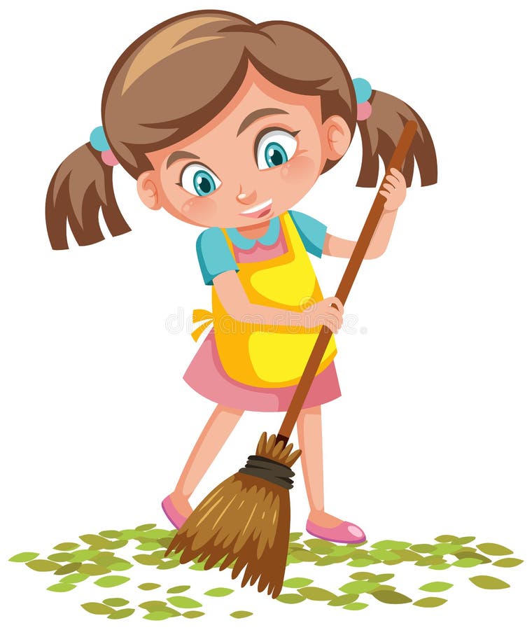 Girl Sweep the Leaves on the Floor Stock Vector - Illustration of ...