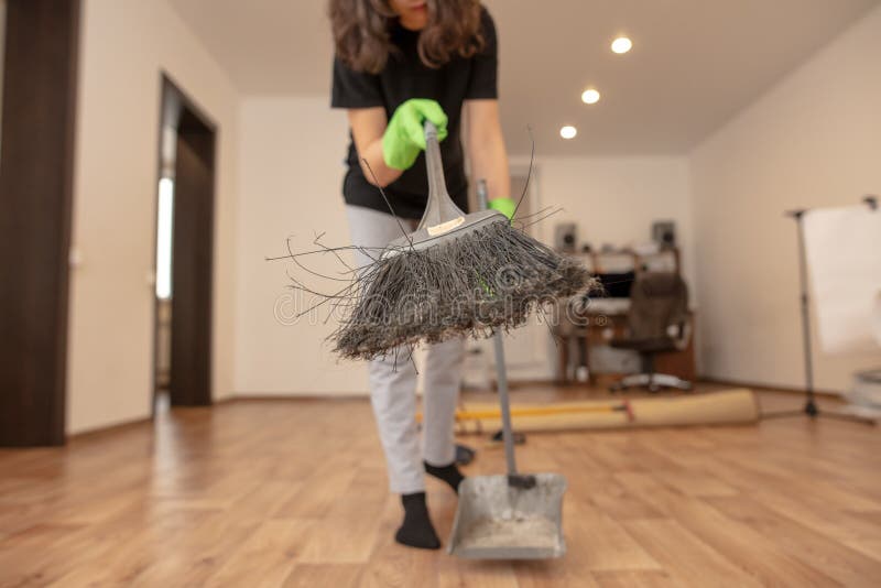 Girl Sweeps the Floor with a Broom in the Room Stock Image - Image of ...