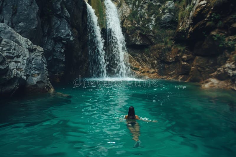 Girl Swimming in a Mountain Lake by a Waterfall Stock Image - Image of ...