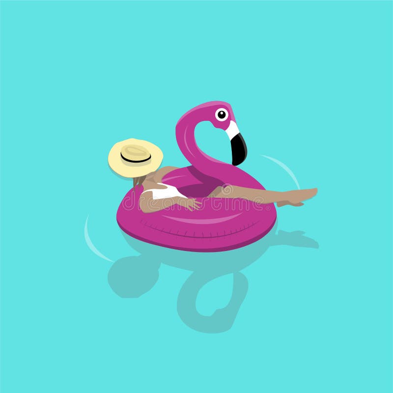 Cartoon Girl Swimming On Pool Ring Inflatable Flamingo Stock Vector