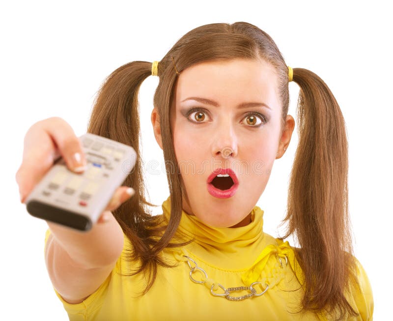 Girl Switches Program on TV Stock Photo - Image of elegance, charming ...