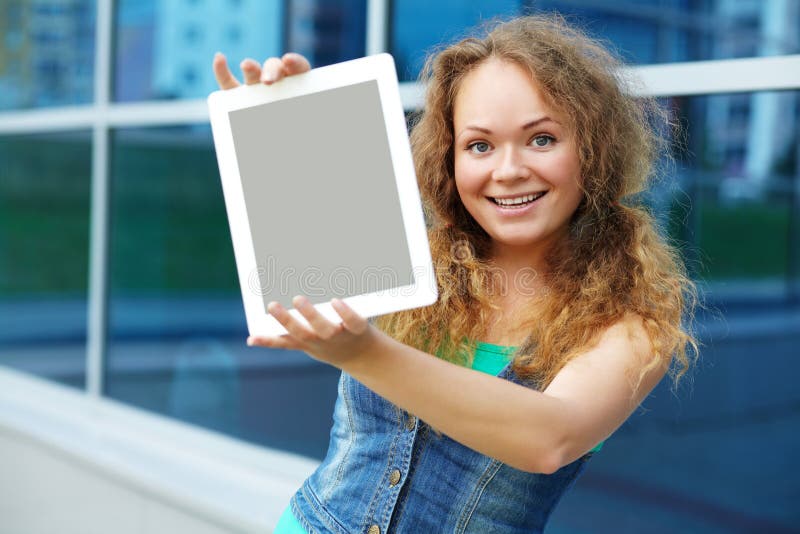 Girl with tablet computer stock photo. Image of touch - 34009394