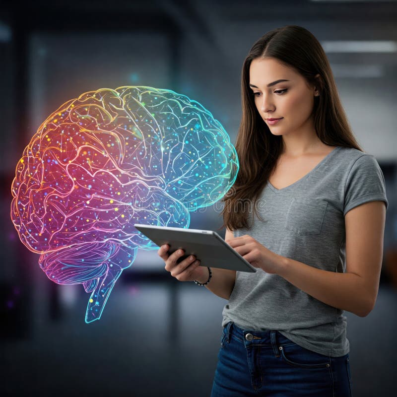 A Girl with a Tablet and a Digital Brain. Stock Image - Image of ...