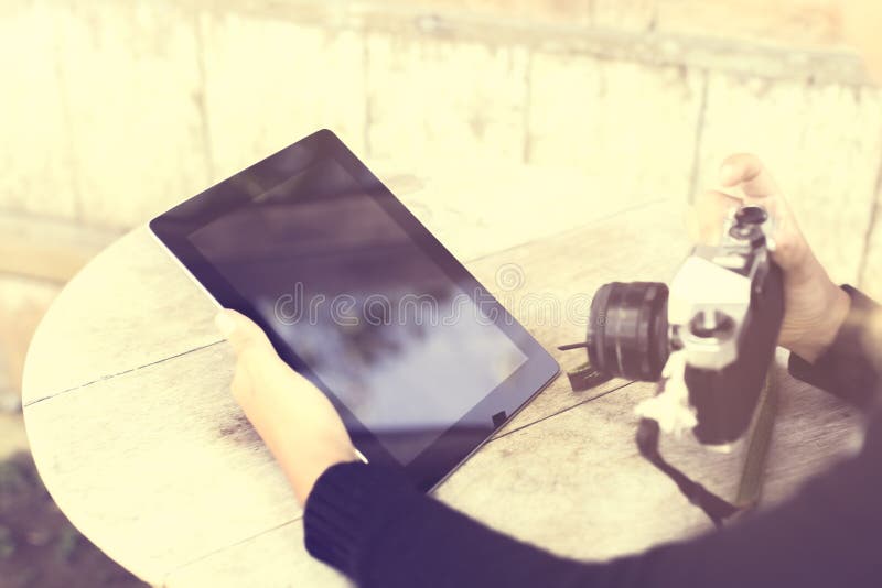 Girl with Tablet and Old Style Camera Stock Image - Image of mock ...