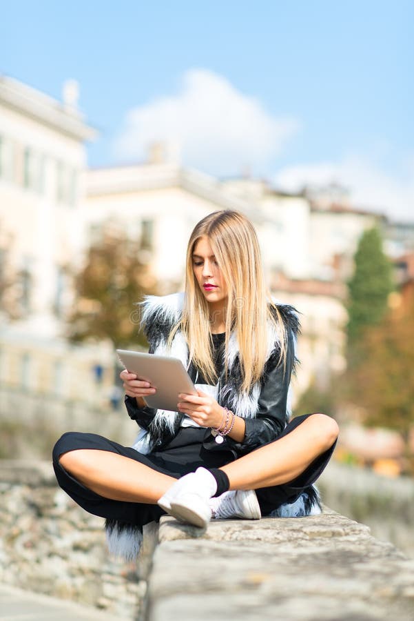 Girl with tablet stock image. Image of computer, city - 61501819