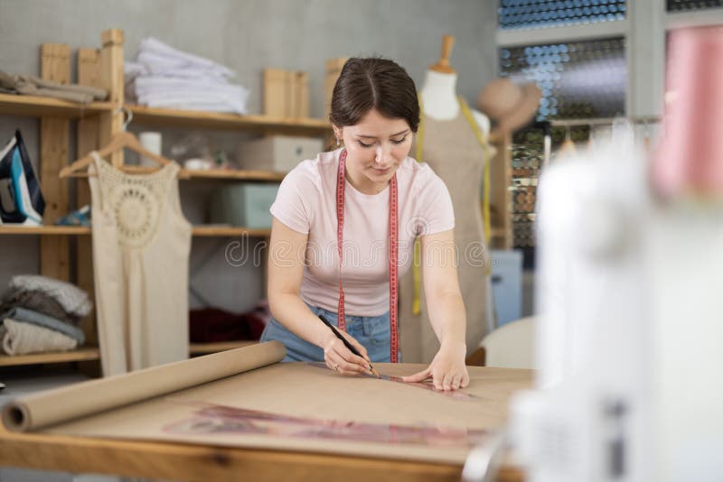 Girl Tailor Draws Pattern Sheet Paper Sewing Workshop Stock Photos ...