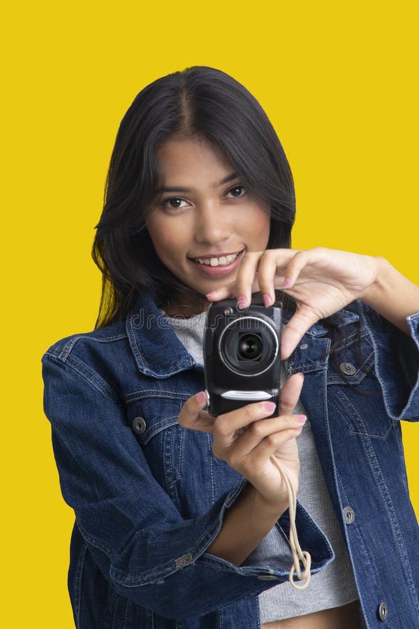 Girl Taking Photograph by Compact Camera in Hands Stock Image - Image ...