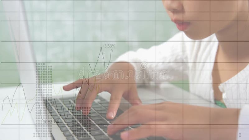 Girl Tapping Keyboard Spawning Translucent Grid and Rising Falling Line ...