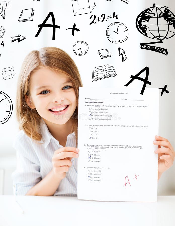Girl with Test and a Grade at School Stock Image - Image of cheerful ...