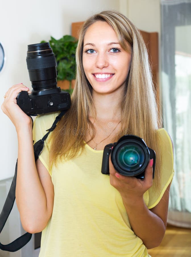 Girl Testing Professional Cameras Stock Photo - Image of freetime ...
