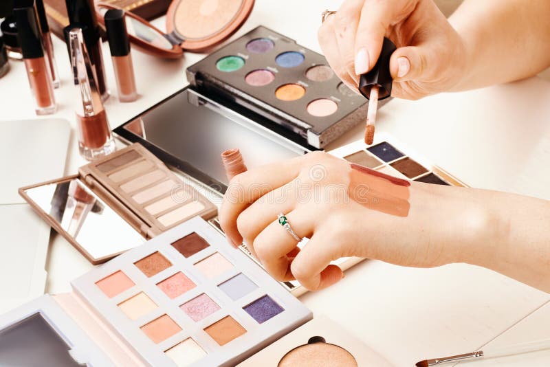 Girl Tests the Makeup on His Hand Stock Image - Image of testing, color ...