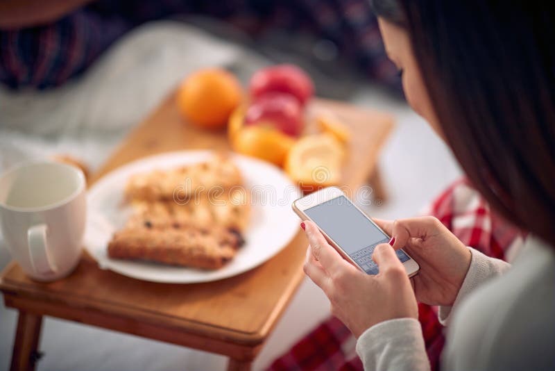 Girl Texting Message at Mobile Phone in Morning Stock Image - Image of ...