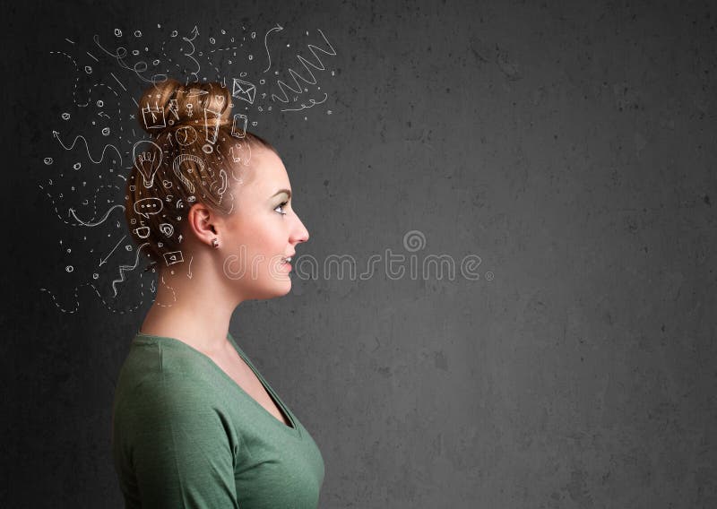 Girl Thinking with Abstract Icons on Her Head Stock Image - Image of ...