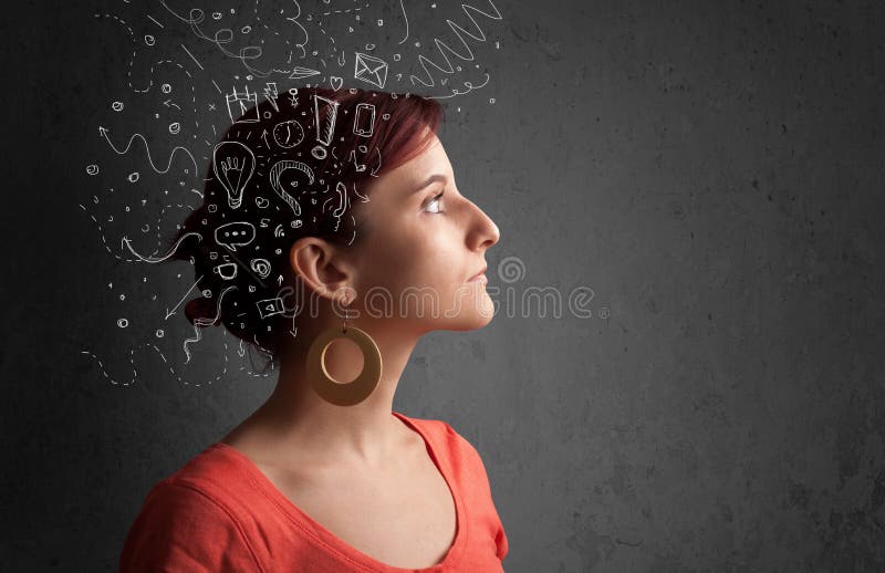 Girl Thinking with Abstract Icons on Her Head Stock Image - Image of ...