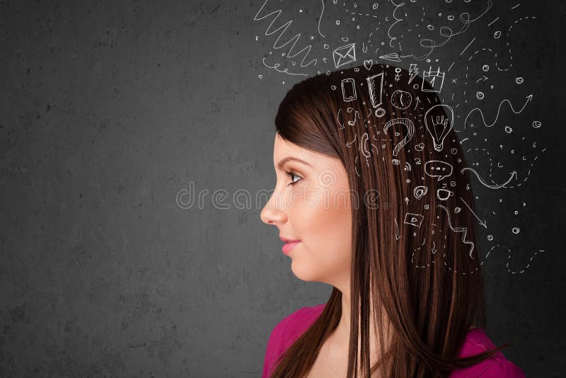 Girl Thinking with Abstract Icons on Her Head Stock Photo - Image of ...