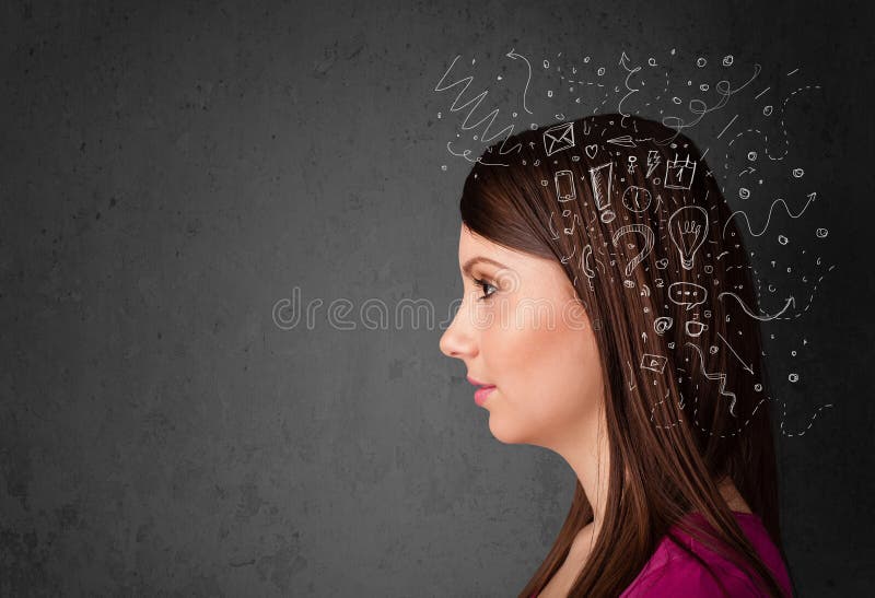 Girl Thinking with Abstract Icons on Her Head Stock Photo - Image of ...
