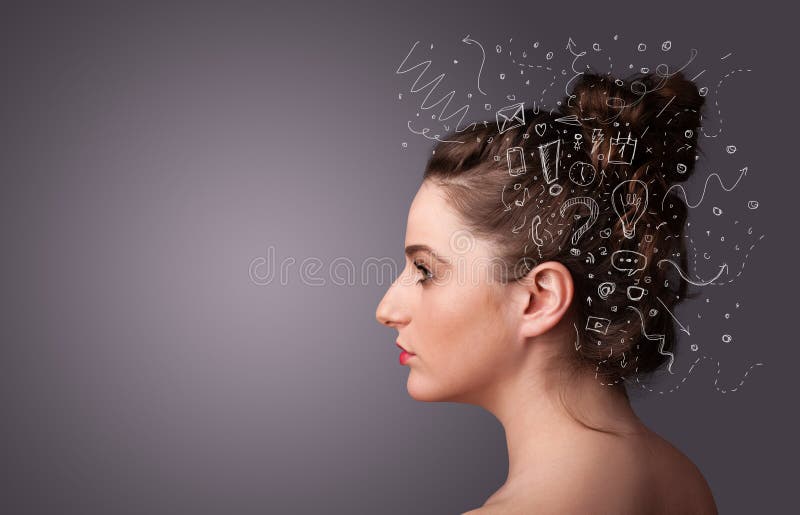 Girl Thinking with Abstract Icons on Her Head Stock Image - Image of ...