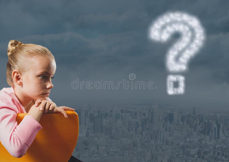 Girl Thinking and Contemplating Over City with Question Mark in the Sky ...