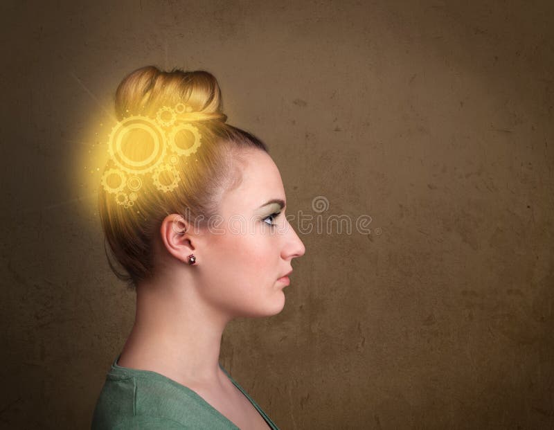 Girl Thinking with a Glowing Machine Head Stock Photo - Image of girl ...