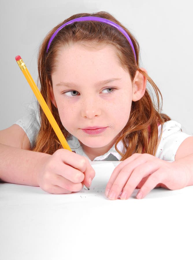 Girl Thinking Hard Doing School Work Stock Photo - Image of school ...