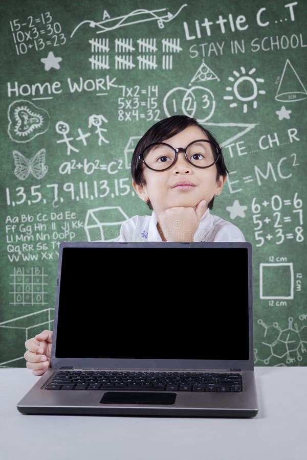 Girl Thinking Idea with Laptop in Class Stock Photo - Image of ...