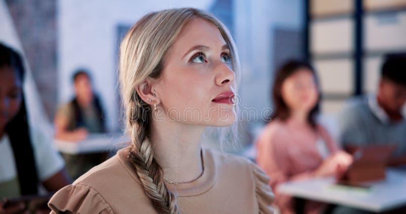 Girl, Thinking and Question in College Class, Lecture and Confused with ...