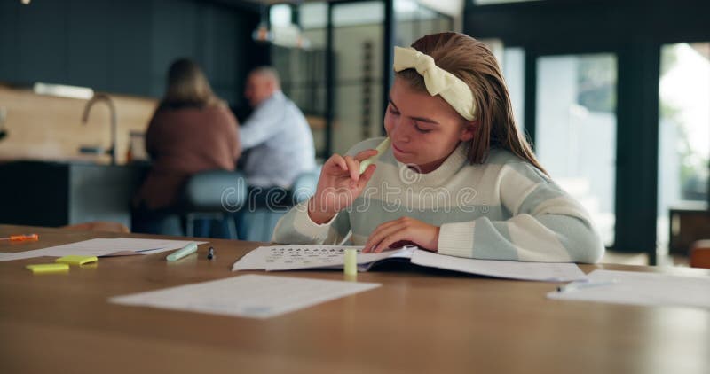 Girl, Thinking and Writing Homework in Home for Assignment Solution ...