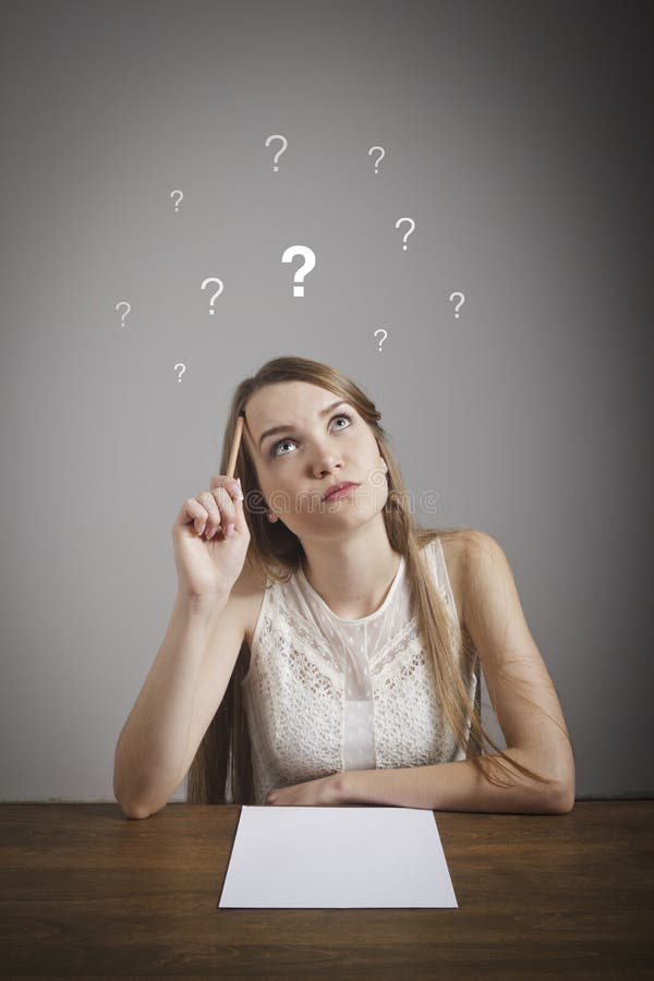 Girl in Thoughts. Question Marks. Stock Image - Image of occupation ...