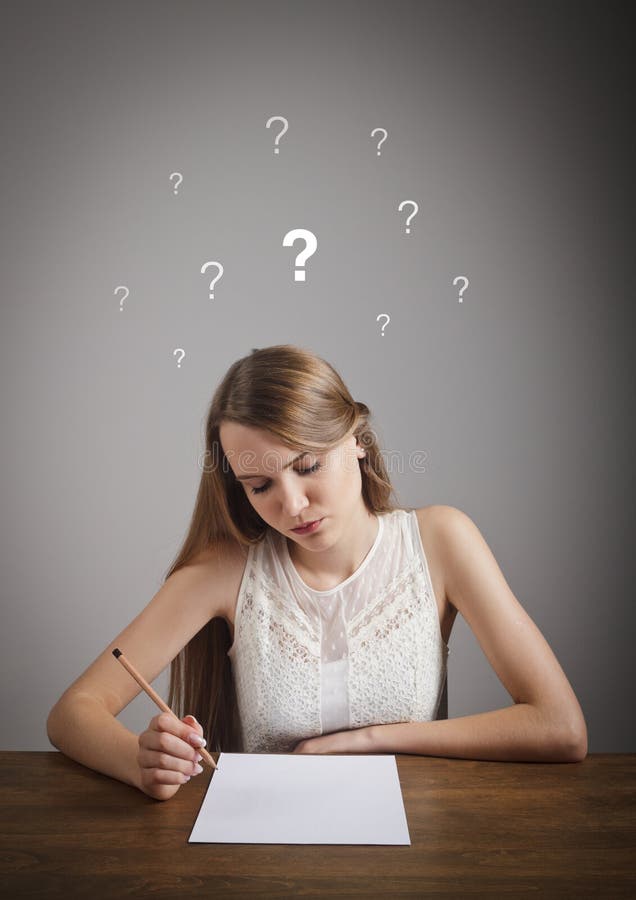 Girl in Thoughts. Question Marks. Stock Image - Image of imagination ...