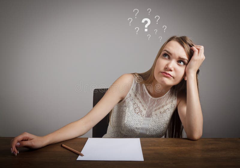 Girl in Thoughts. Question Marks. Stock Image - Image of female ...