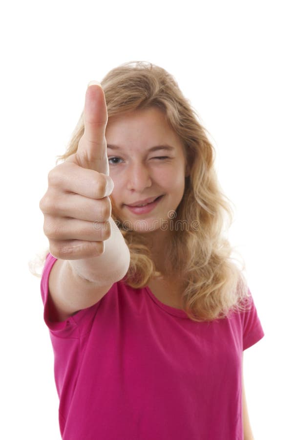 Girl with Thumbs Up Isolated on White Background Stock Photo - Image of ...