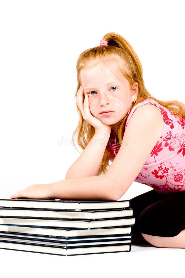 Girl is Tired after Reading a Stack of Books Stock Image - Image of ...