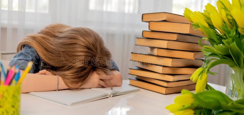 A Girl, Tired from Studying, Lies in Her Notebook Stock Image - Image ...