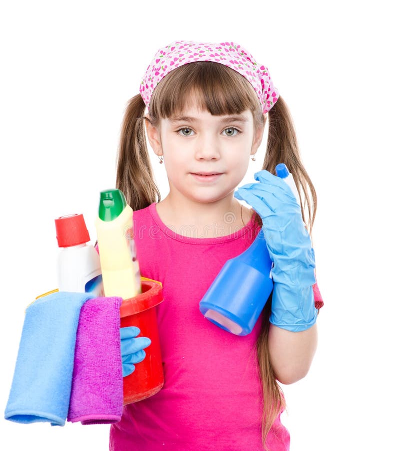 Girl with Tools for House Cleaning. Isolated on White Background Stock ...