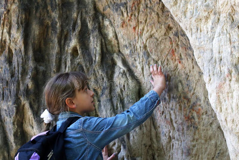 Girl Touch a Granite Rock Outdoors Stock Image - Image of rucksack ...