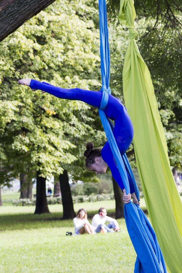 Girl Training on Silks on Open Air Stock Image - Image of fitness ...