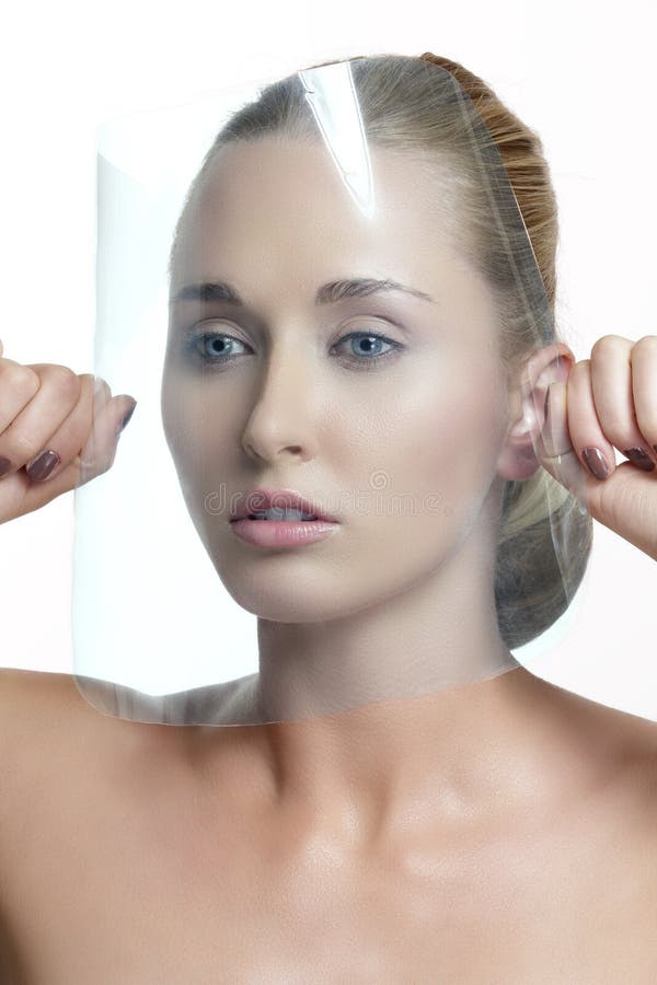 Girl with Transparent Shield in Front Her Face Stock Photo - Image of ...