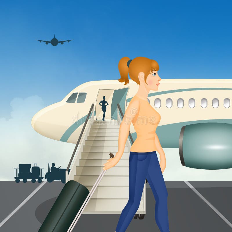 Girl travels by plane stock illustration. Illustration of trip - 191068476