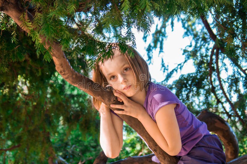 Girl on the tree. stock image. Image of cute, children - 44776205