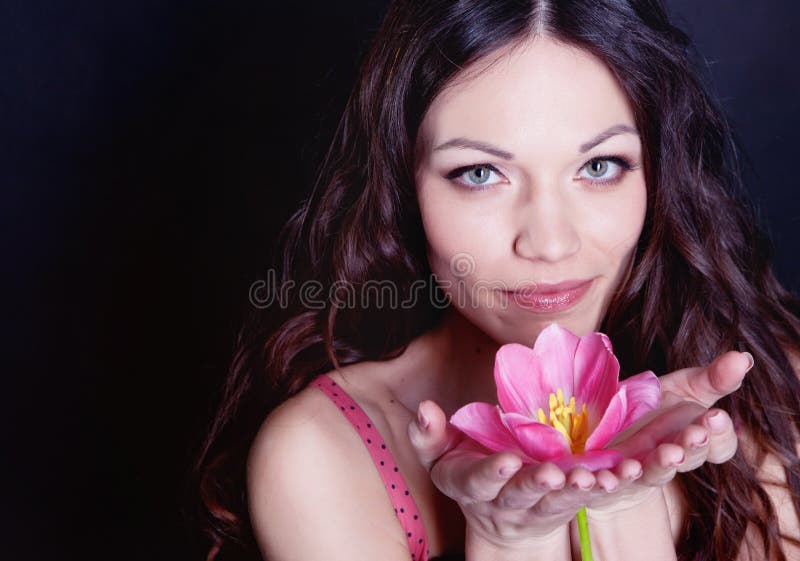 Girl with Tulip Flower in Hands Stock Image - Image of gift, petals ...